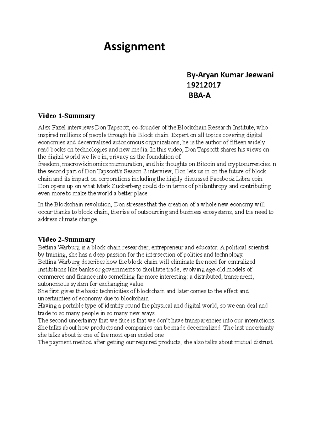 CIA AND ASYNCHRONOUS ASSIGNMENTS - Assignment By-Aryan Kumar Jeewani 19212017 BBA-A Video 1 ...