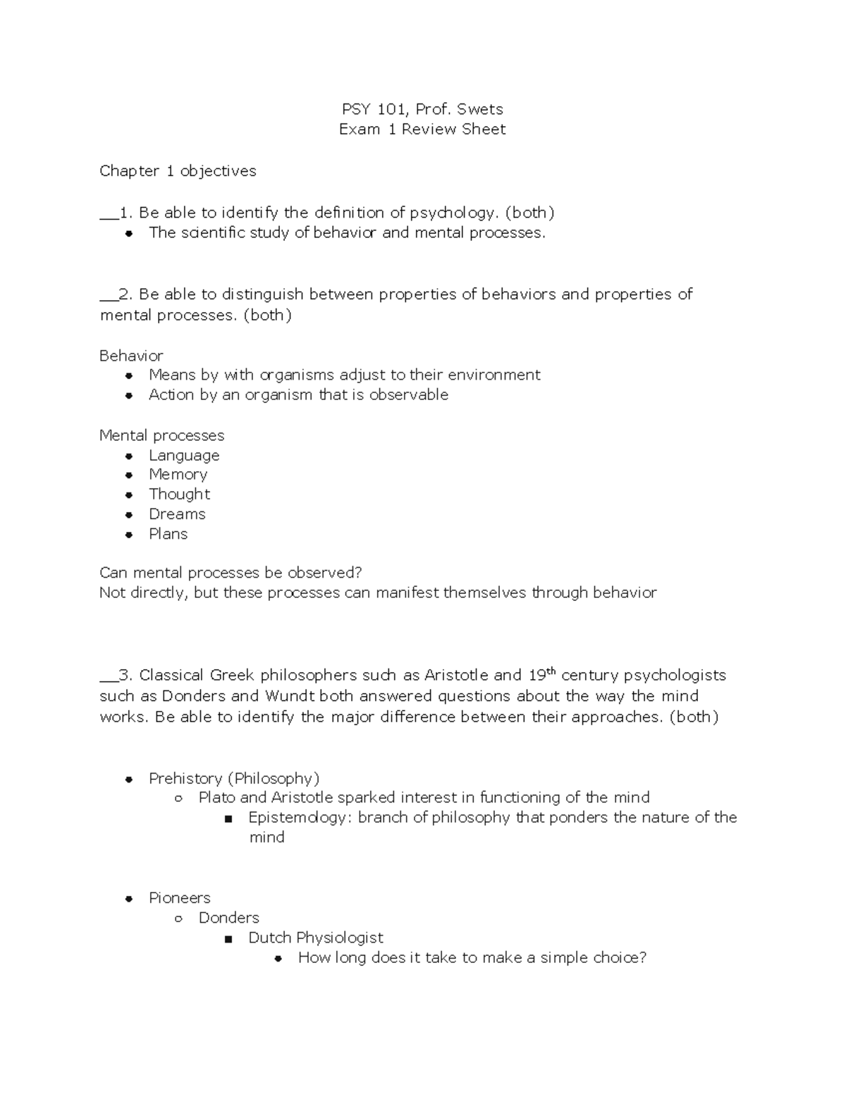 PSY Review Sheet - PSY 101, Prof. Swets Exam 1 Review Sheet Chapter 1 ...