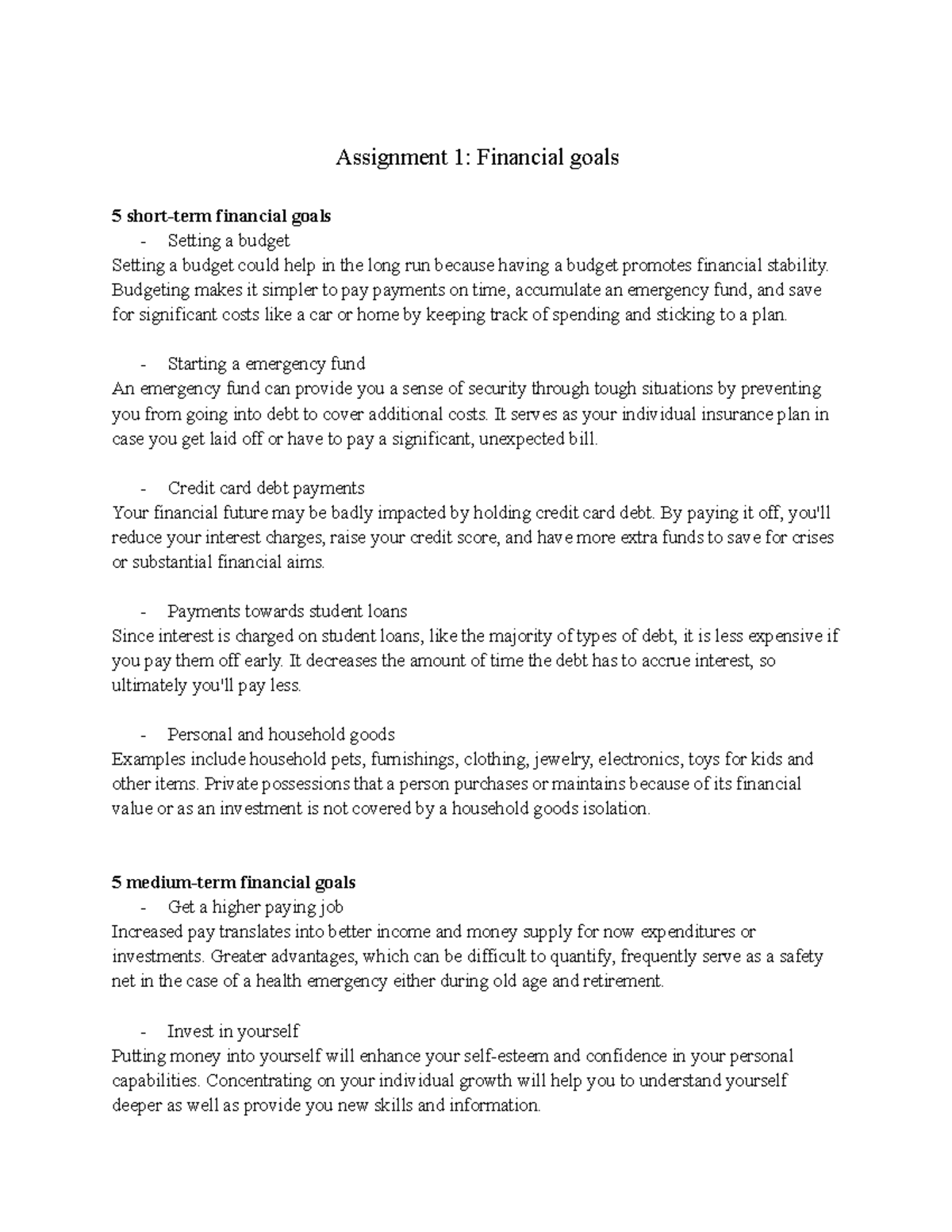 Financial goals -2 - Assignment 1: Financial goals 5 short-term ...