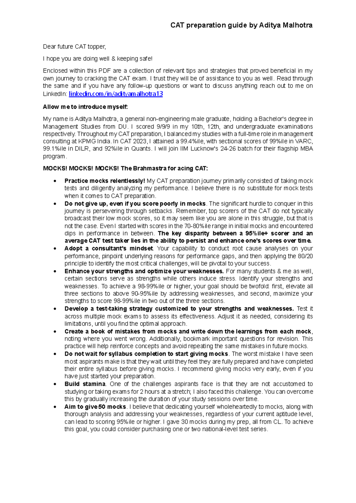 CAT preparation guide - Dear future CAT topper, I hope you are doing well & keeping safe! - Studocu