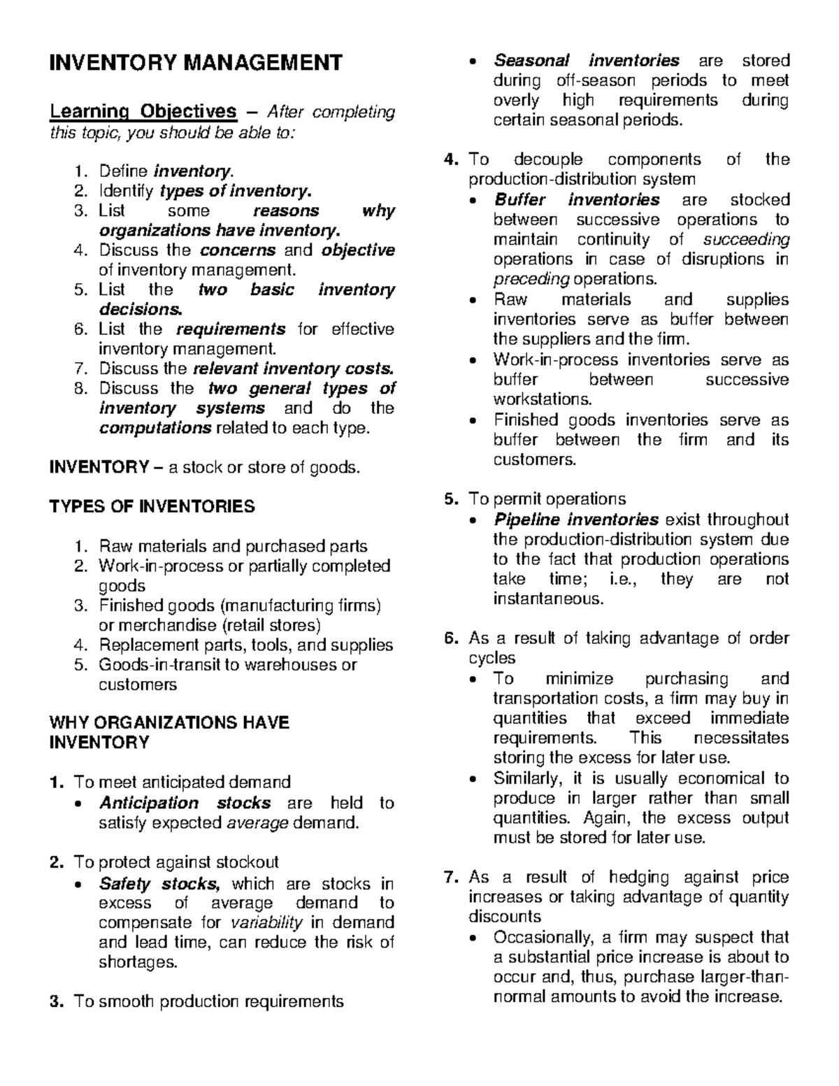 Inventory Mgmt - INVENTORY MANAGEMENT Learning Objectives – After ...