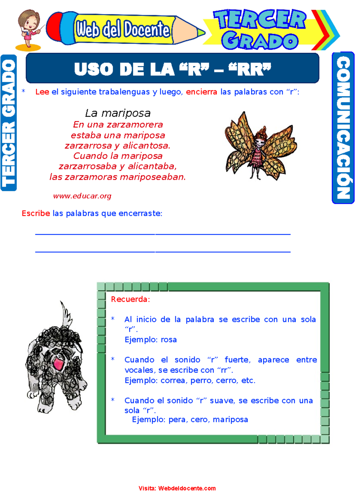 Palabras con R y RR para Tercer Grado de Primaria - Comunicación * Lee ...