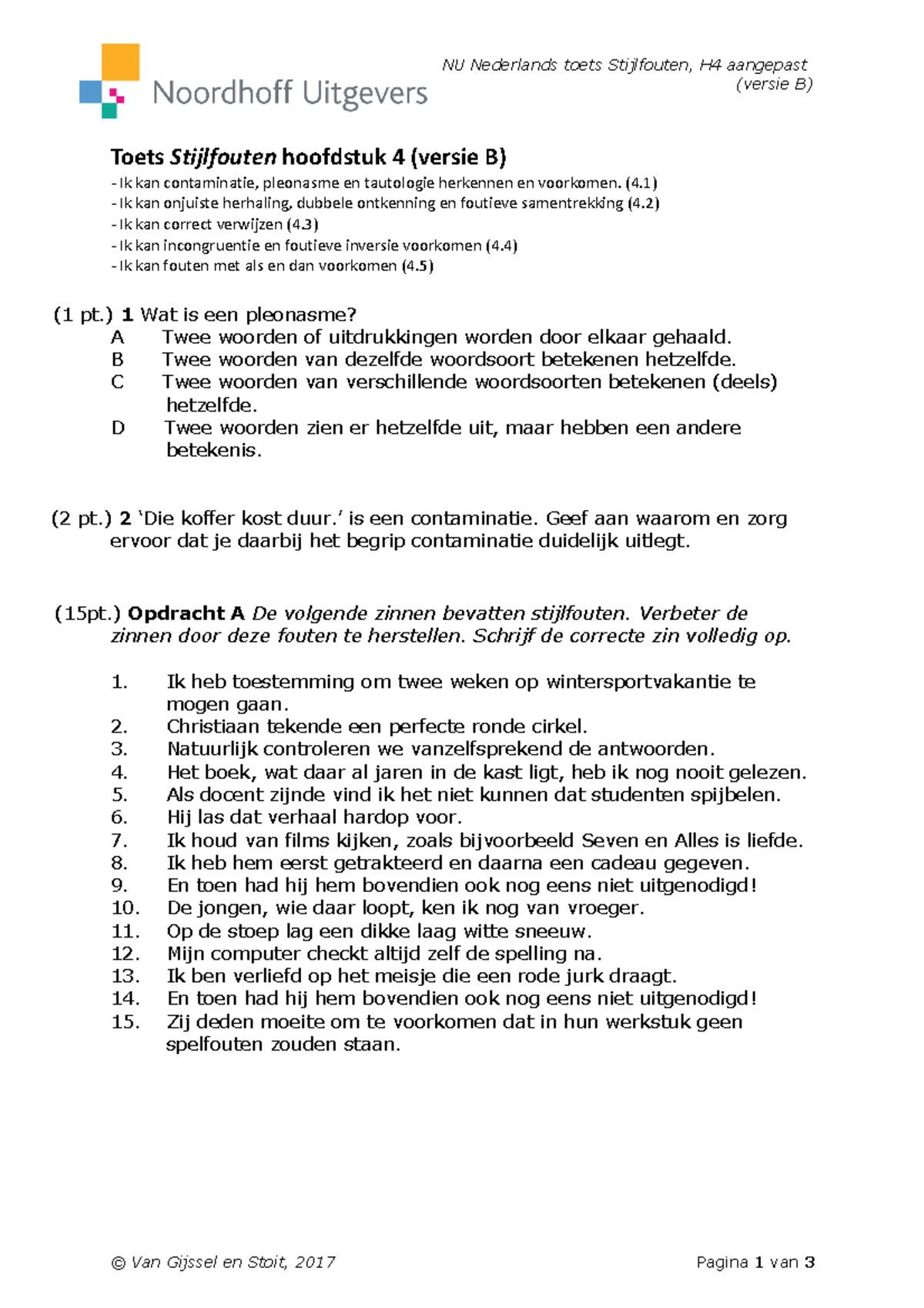 Toets Grammatica H4 stijlfouten B - NU Nederlands toets Stijlfouten, H4 ...