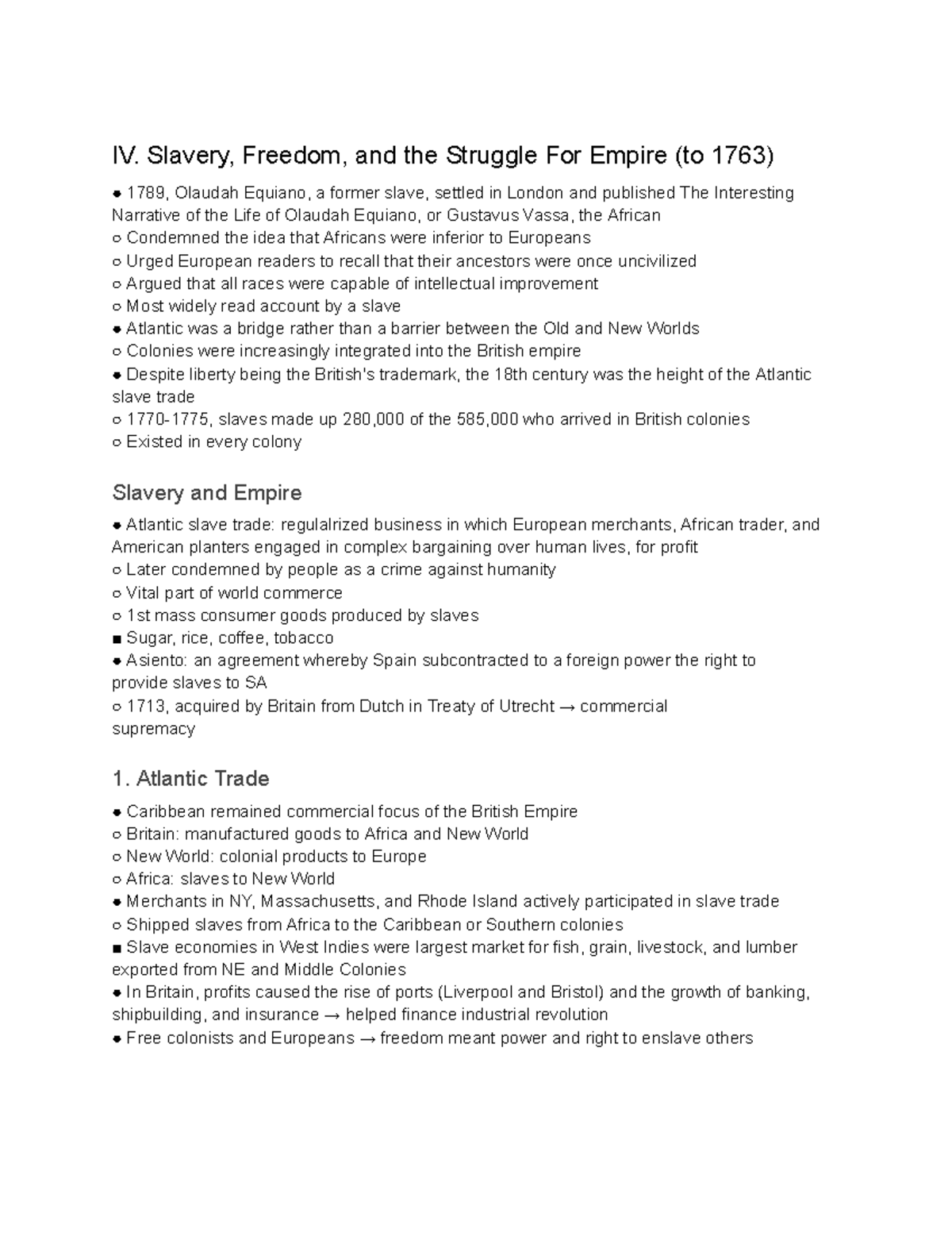 Apush Ch4 Notes - IV. Slavery, Freedom, and the Struggle For Empire (to ...
