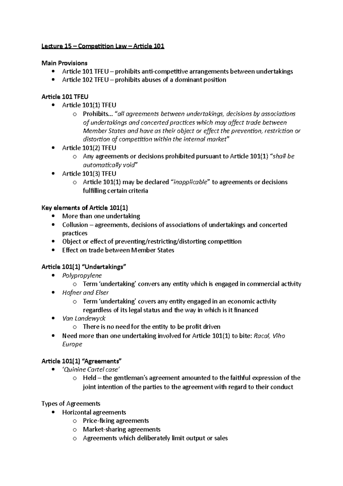 Lecture 15 - Lecture 15 – Competition Law – Article 101 Main Provisions Article 101 TFEU – - Studocu