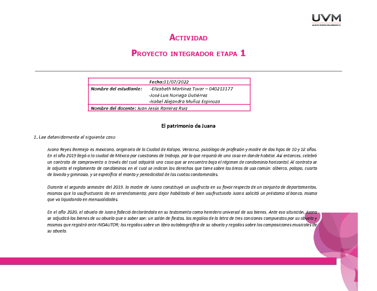 A3 EQ11 - Proyecto Integrador 1 Bienes - ACTIVIDAD PROYECTO INTEGRADOR ETAPA 1 Fecha: 31/07 ...