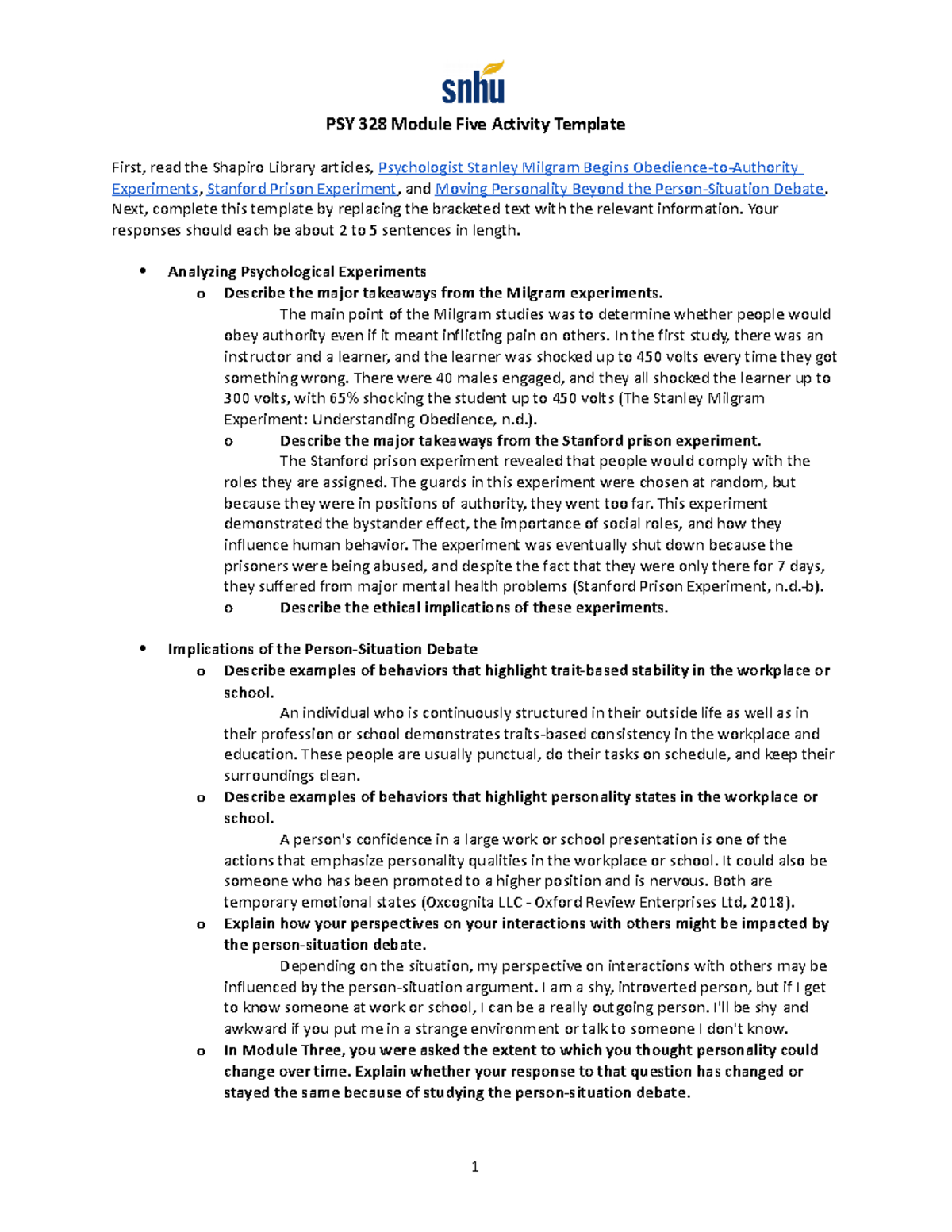 PSY 328 Module Five Activity - Next, complete this template by replacing the bracketed text with ...