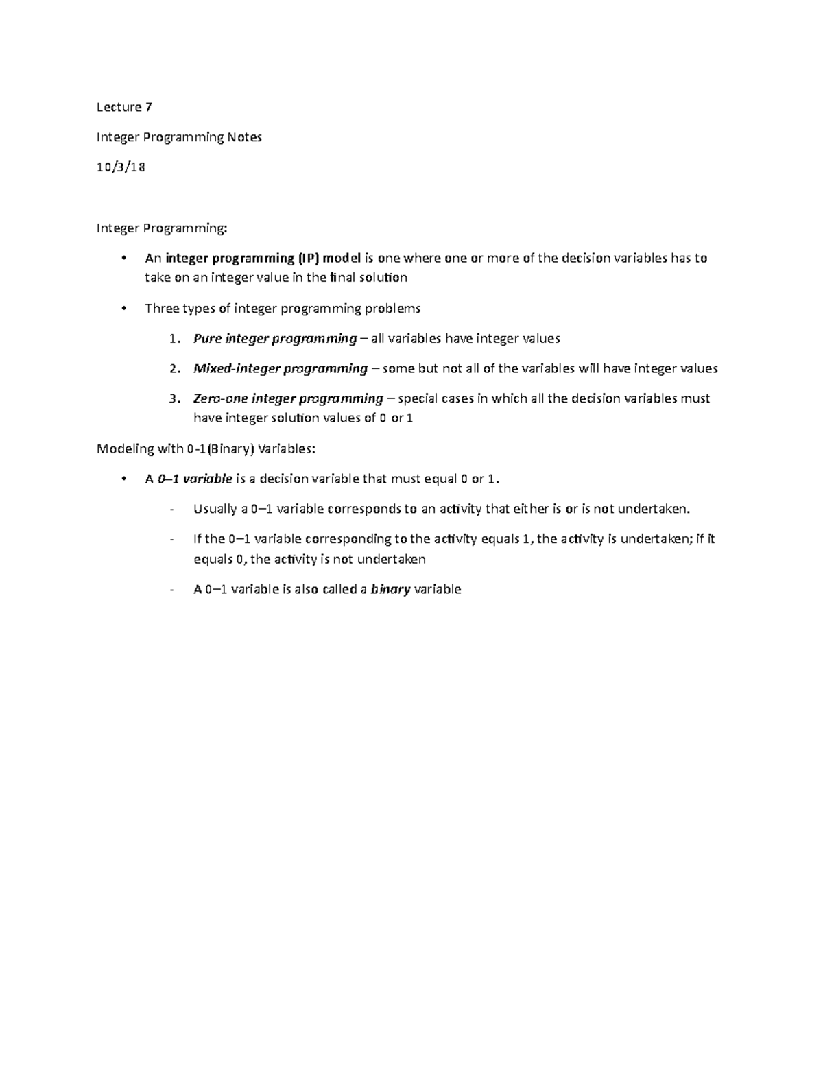 Lect 7 - Lecture notes Ch. 10 - Lecture 7 Integer Programming Notes 10 ...
