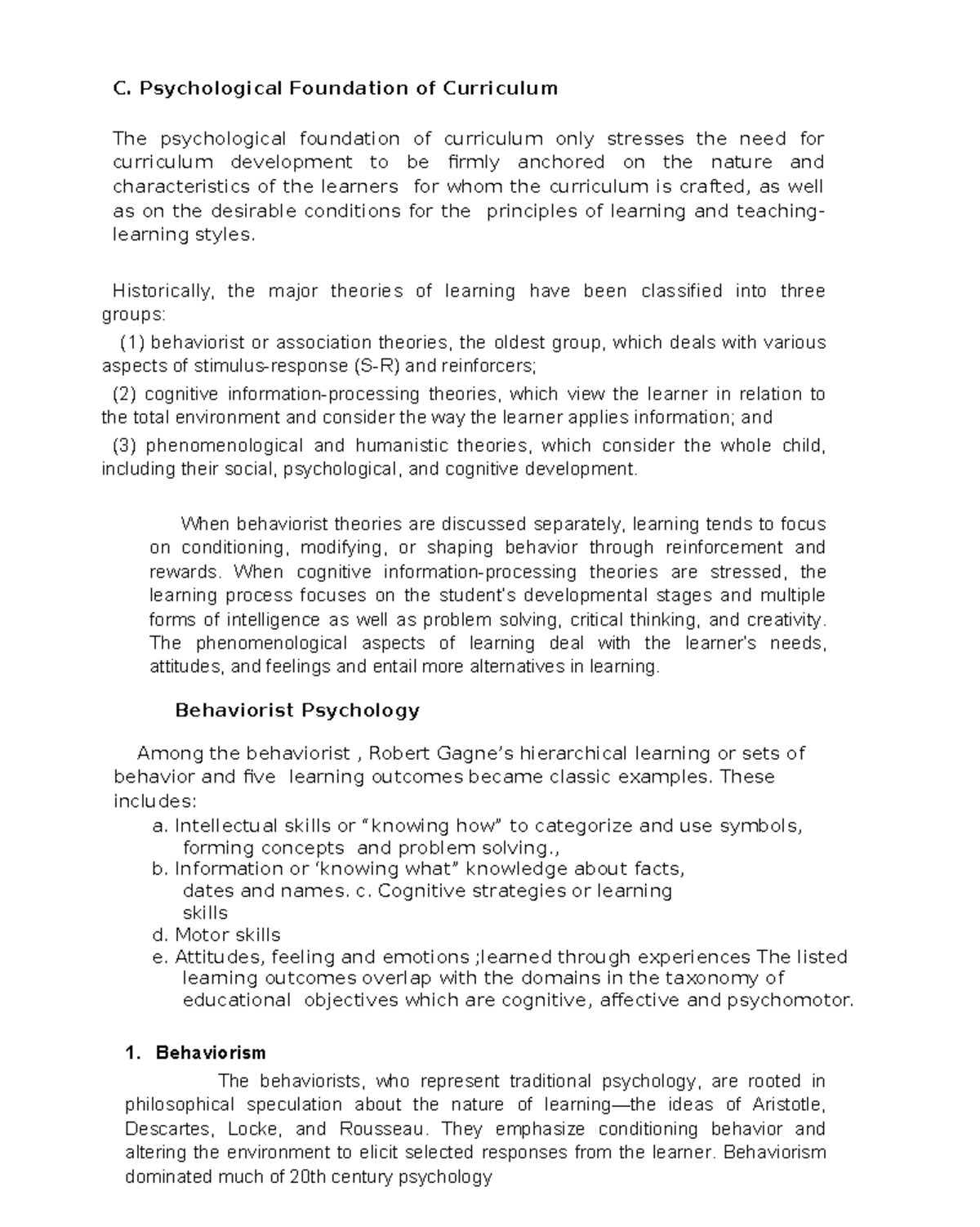 Psychological Foundation of Curriculum - C. Psychological Foundation of ...