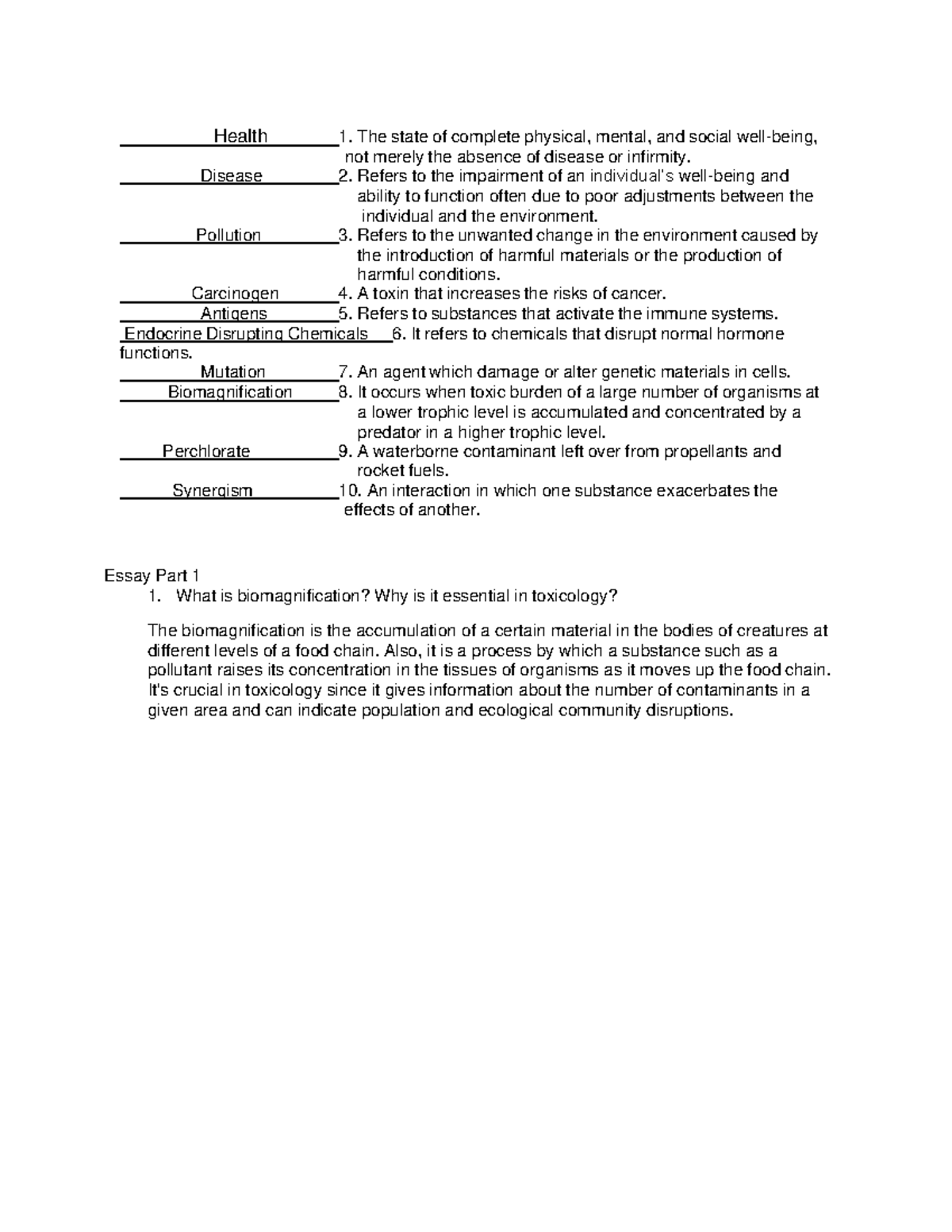Ecological Questionnaires AND Essay - Health 1. The state of complete ...