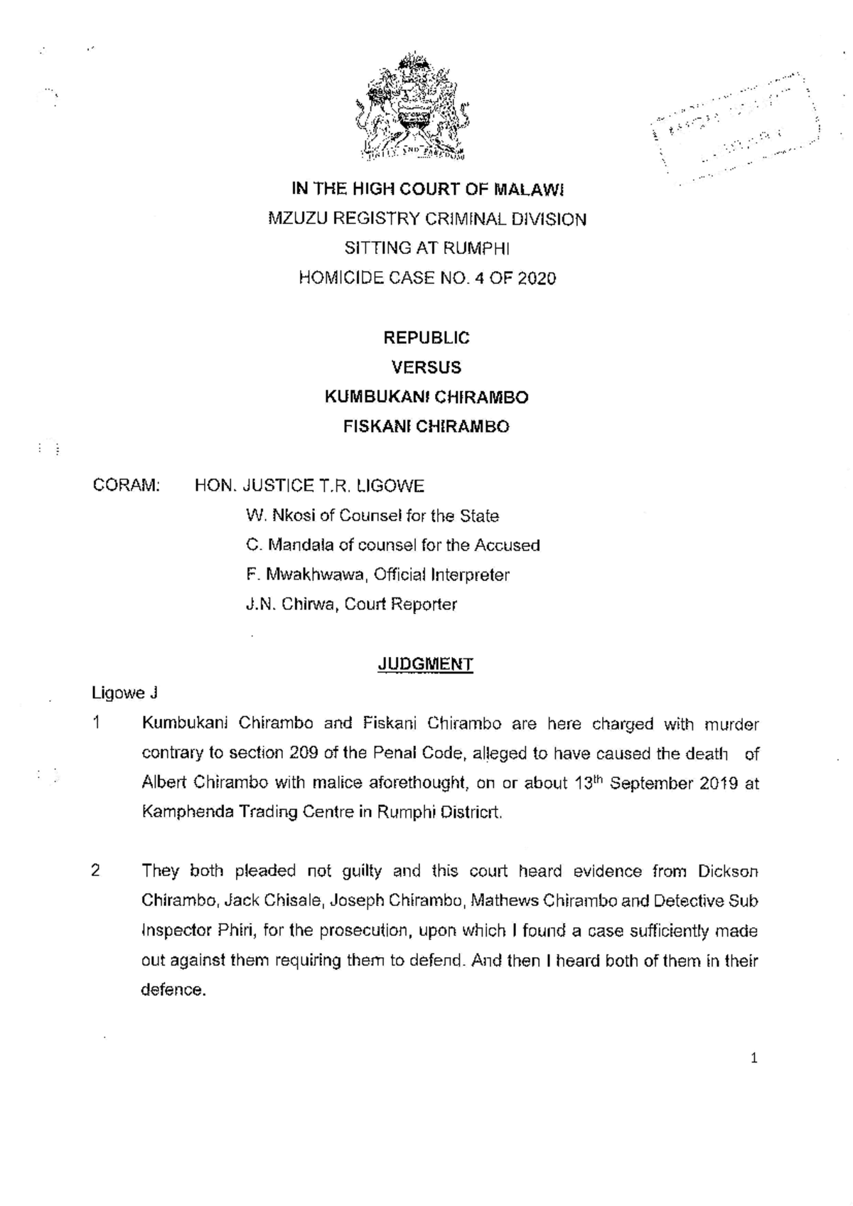 Rep vs Chirambo - practice law material - CORAM: Ligowe J 1 Kumbukani ...