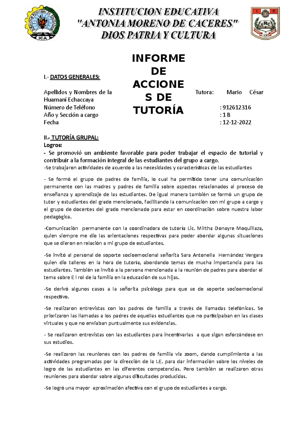 Informe Final DE Tutoria - I.- DATOS GENERALES: Apellidos y Nombres de la Tutora: Mario César ...