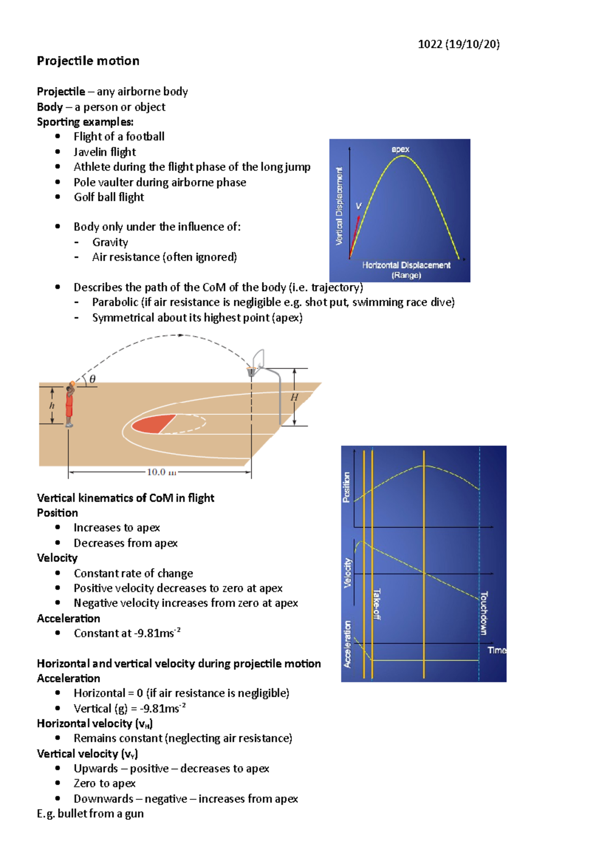 Projectile Motion Notes From Lecture On 19102020 Projectile