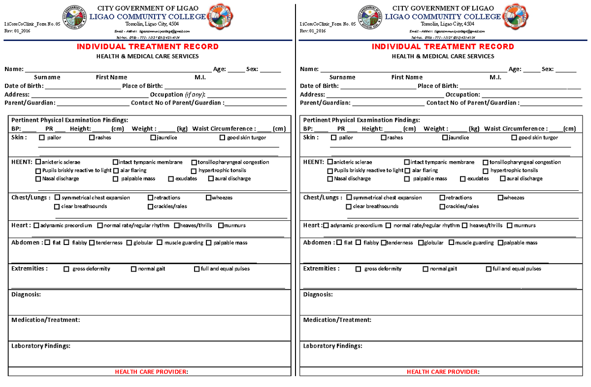 Individual Treatment Record FORM (medical Check-up form) - CITY ...