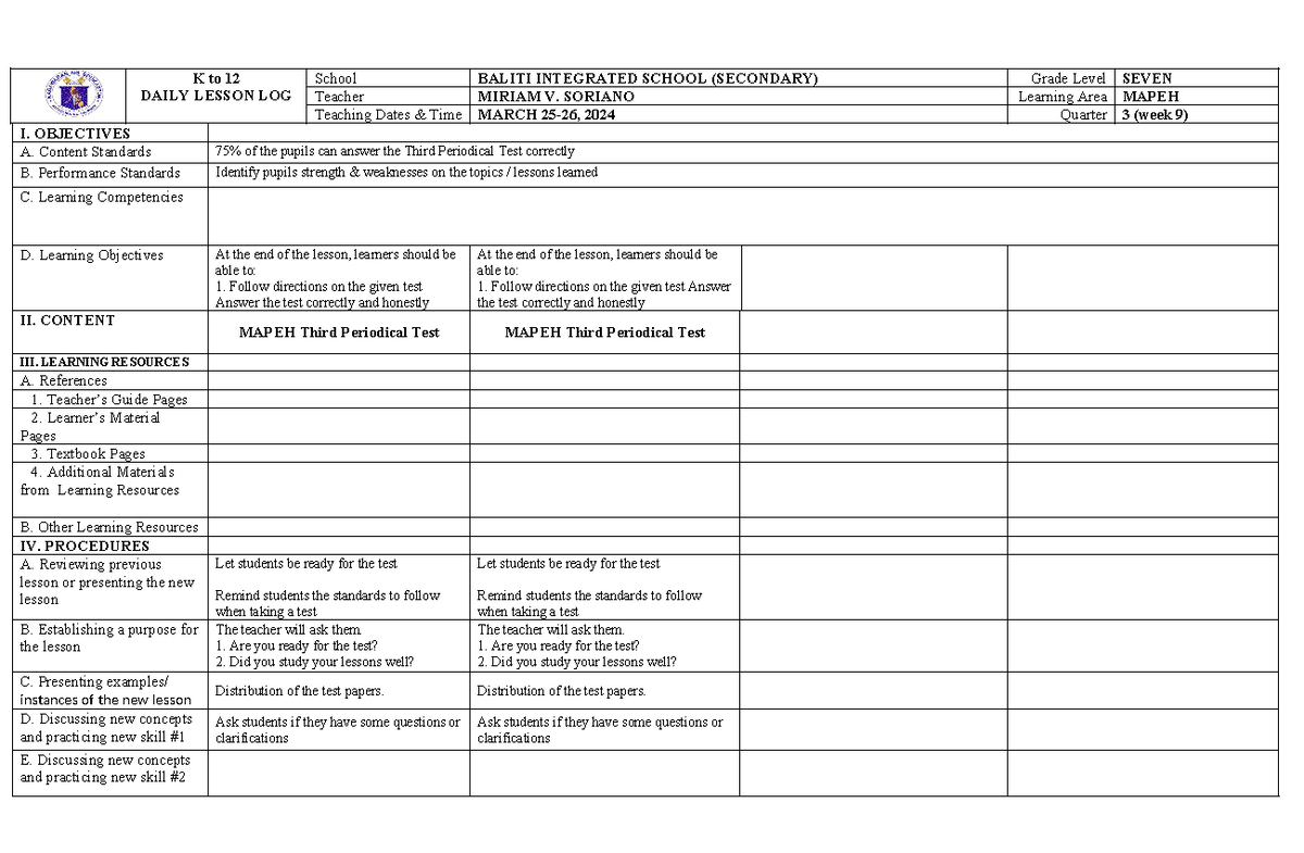 DLL-periodical exams - good luck! - K to 12 DAILY LESSON LOG School ...