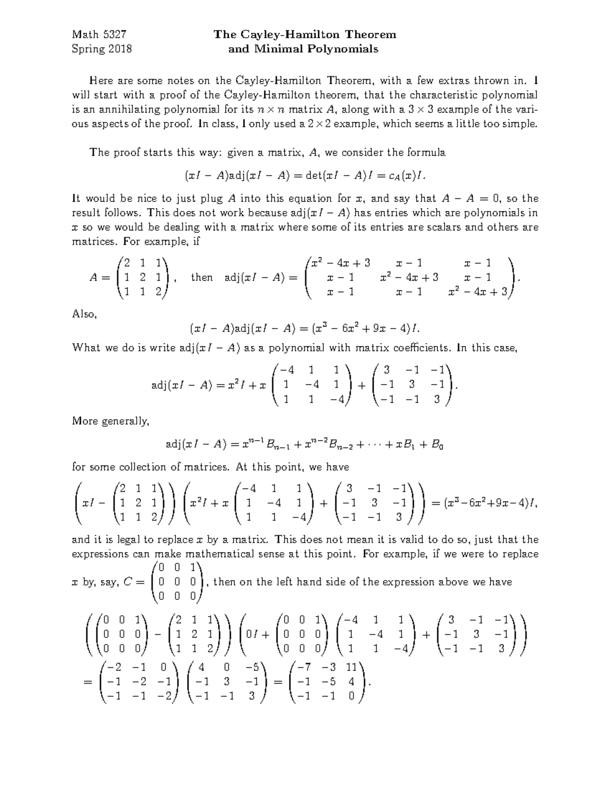 Cayley Ham - Practice - Math 5327 Spring 2018 The Cayley-Hamilton ...