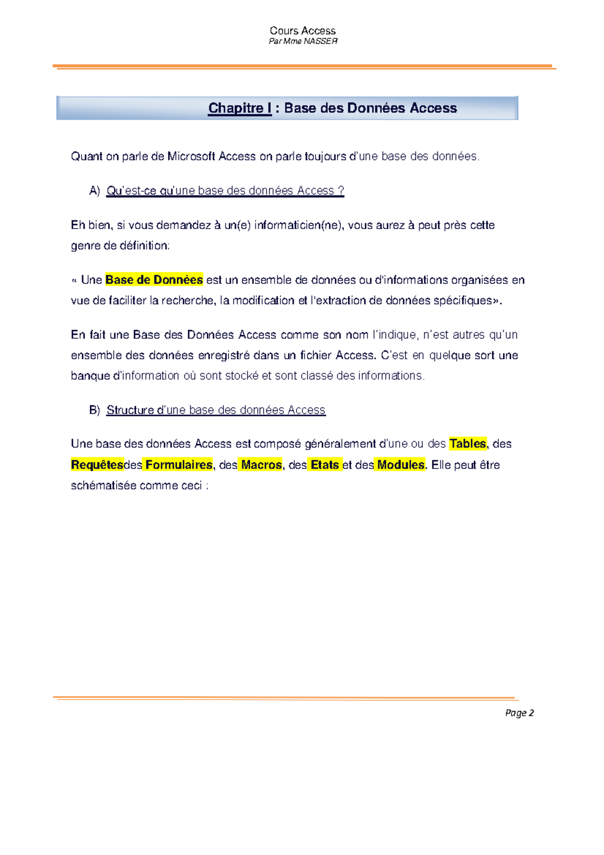 Cours access-2 - Par Mme NASSER Chapitre I : Base des Données Access ...