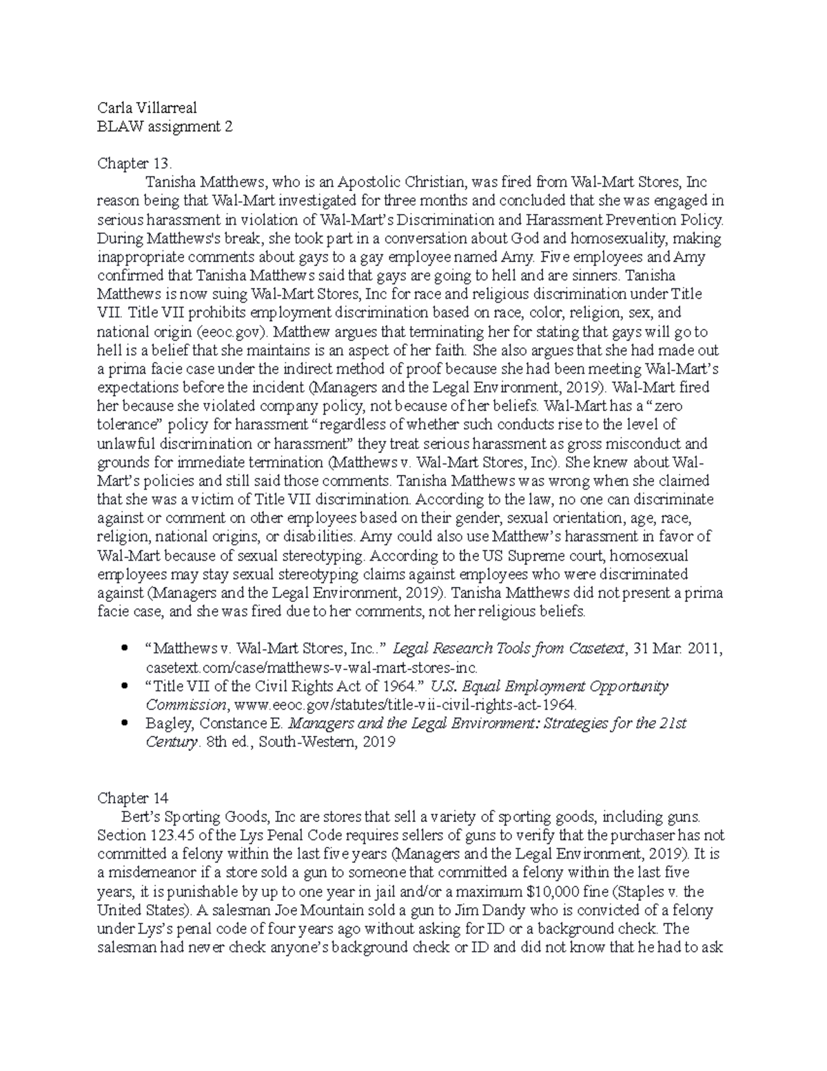 Chapter 13 - homework - Carla Villarreal BLAW assignment 2 Chapter 13 ...