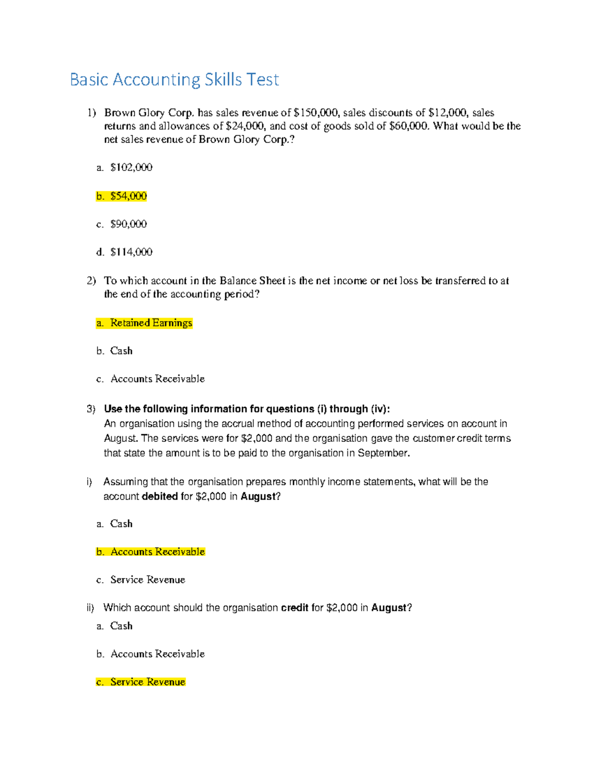 Accounting Skills Test - Basic - Basic Accounting Skills Test Brown ...