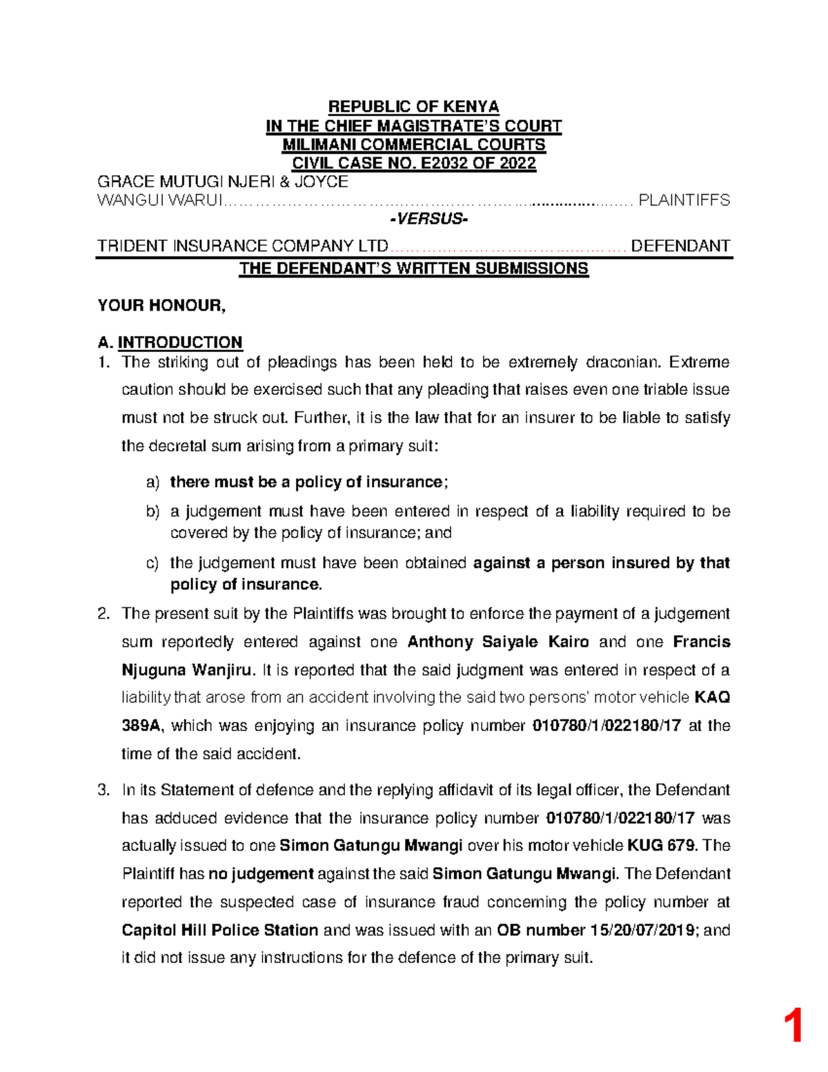 Triable issues - REPUBLIC OF KENYA IN THE CHIEF MAGISTRATE’S COURT ...