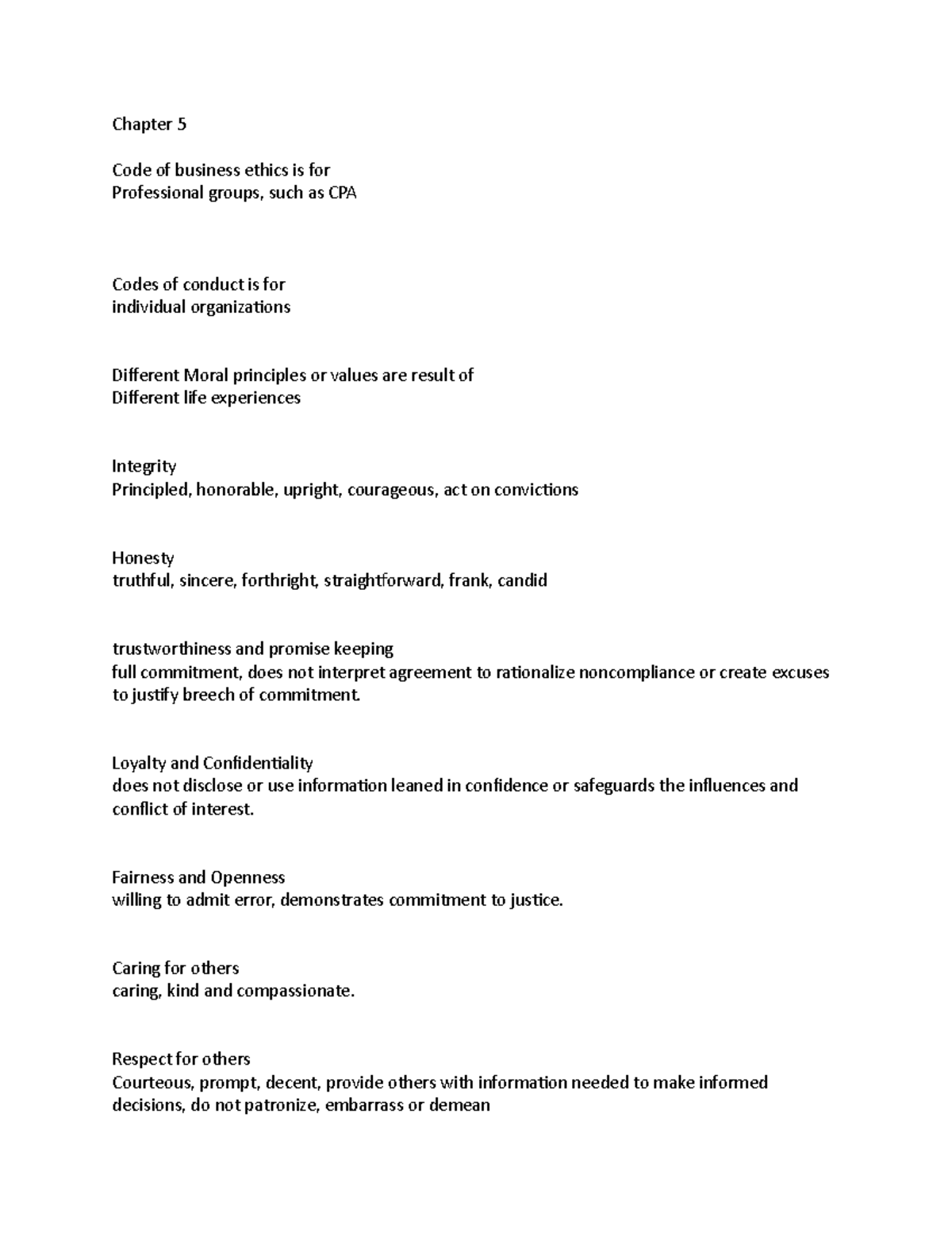 Intro Ethics Chapter 5 - Fill in the blank - Chapter 5 Code of business ...