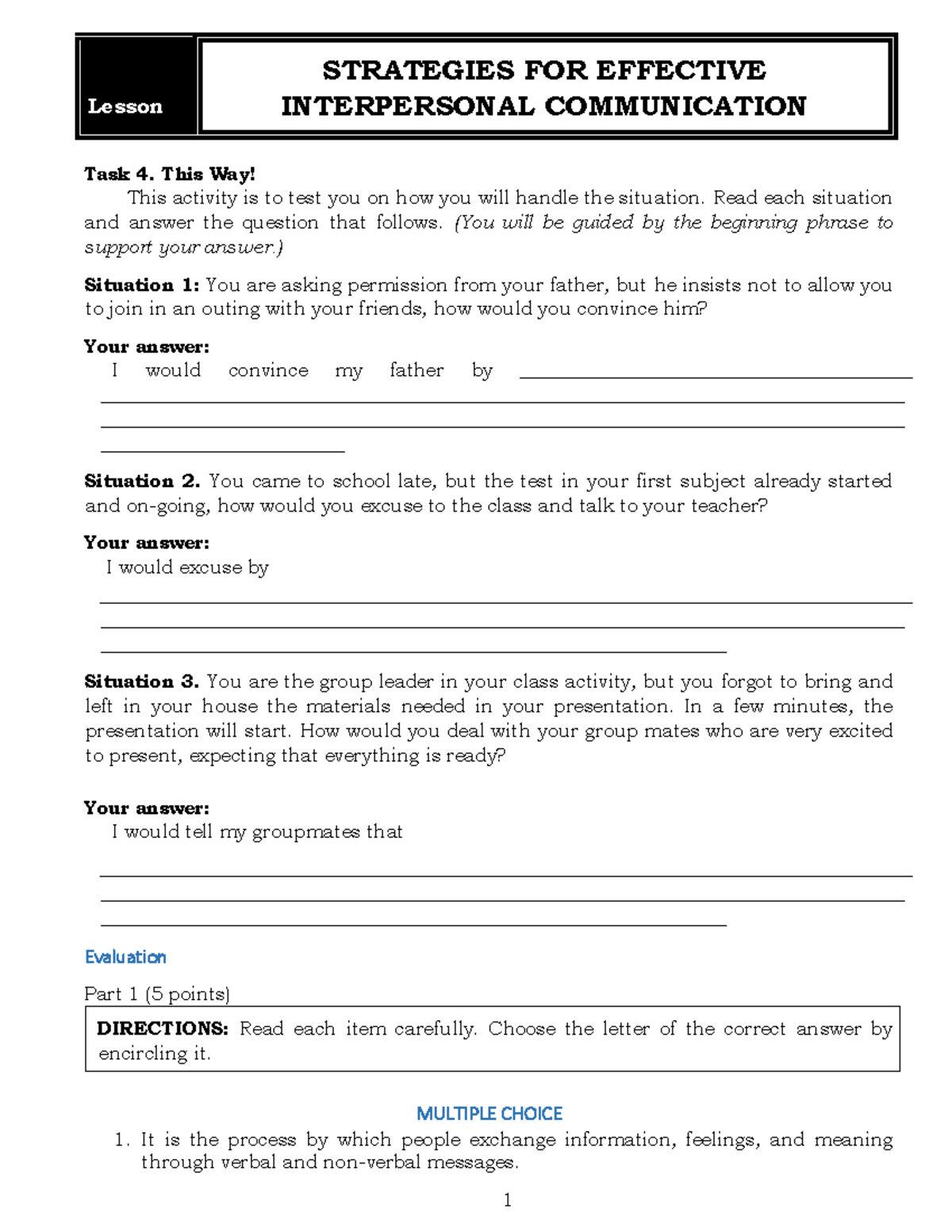 Answer Sheets - Lesson STRATEGIES FOR EFFECTIVE INTERPERSONAL ...