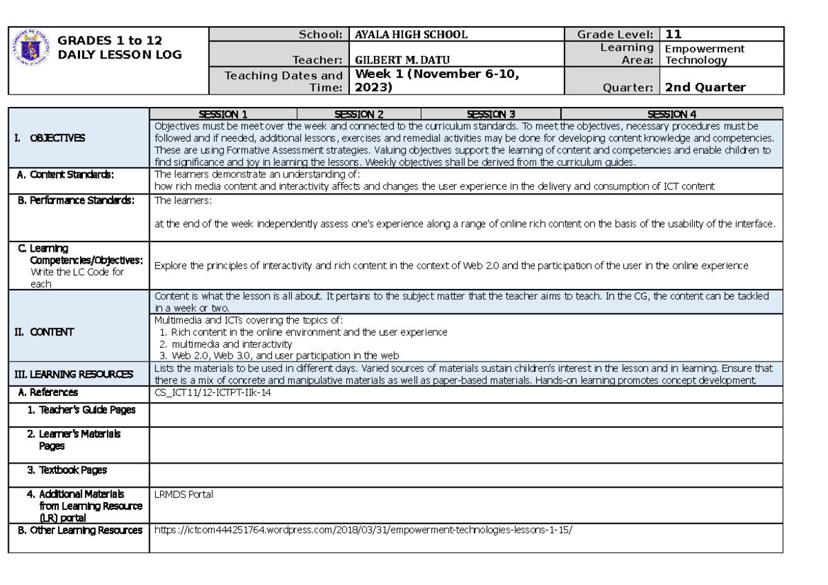 Week 1 2nd Q DLL Novemver 6-10 2023 Empowerment DLL - GRADES 1 to 12 ...