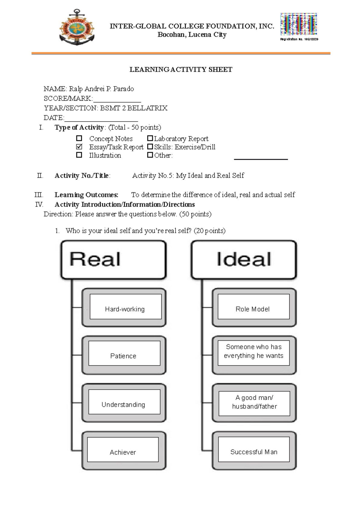 Prelim Activity 5 My Ideal and Real Self - Registration No. 16Q INTER ...