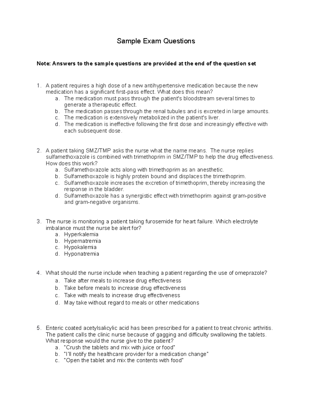 Nursing Pharmacology Sample Exam Questions - Sample Exam Questions Note ...