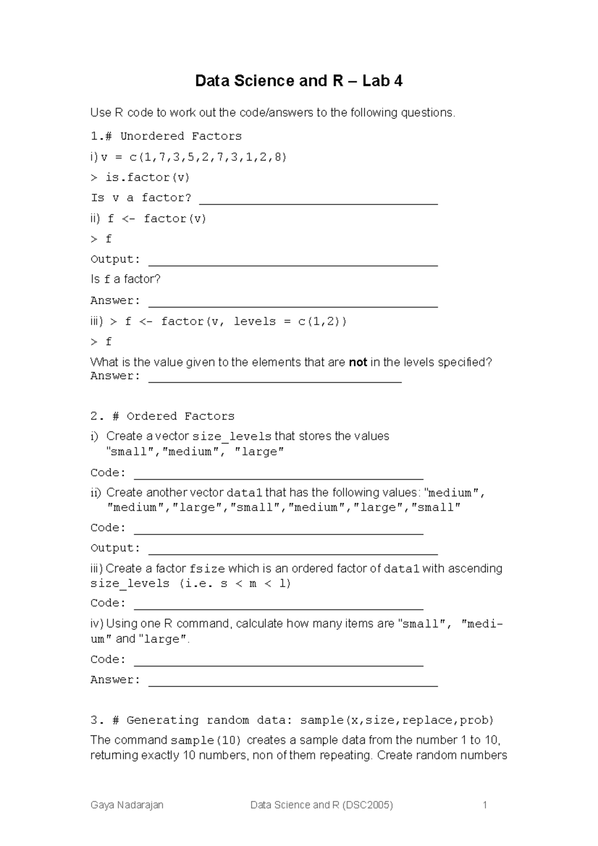 R–lab sheet week 04-factors - Data Science and R – Lab 4 Use R code to ...