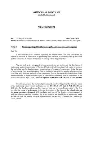 Memo on Hauge Convention - AHMER BILAL SOOFI & CO LAHORE, PAKISTAN MEMORANDUM To: Sir Sarjeel ...