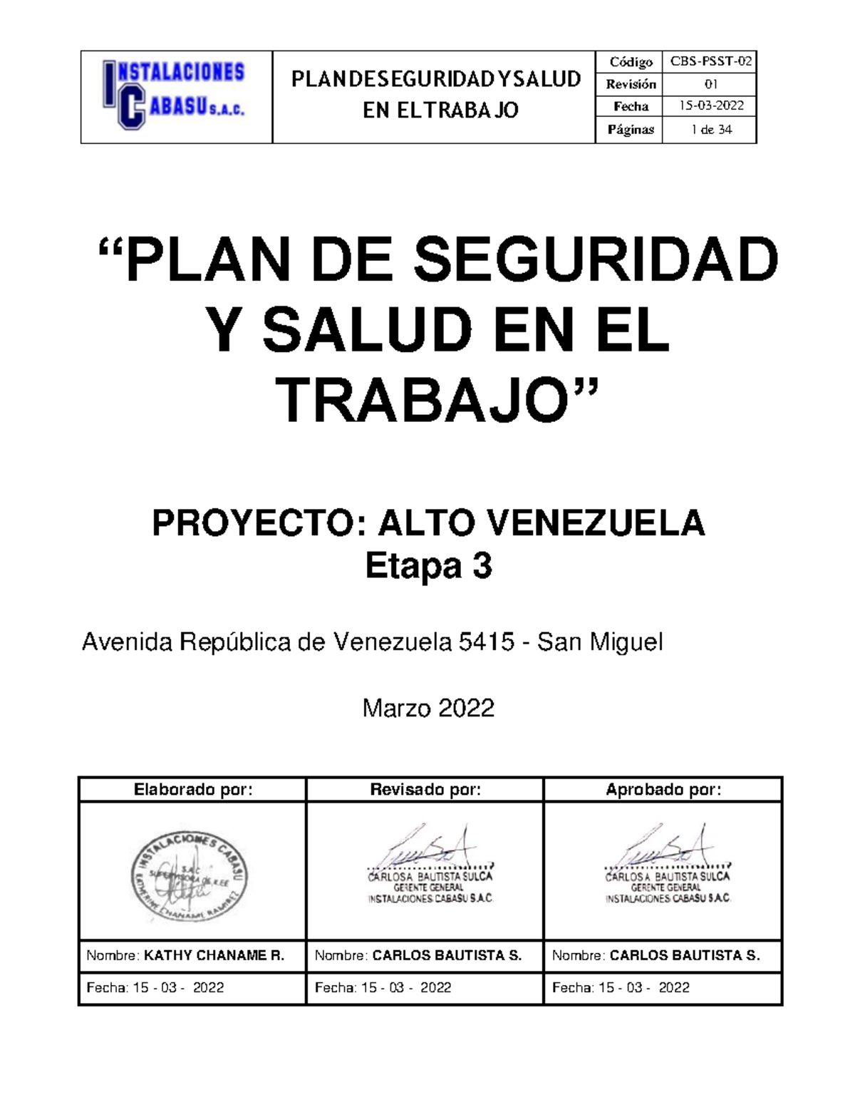 PLAN DE Seguridad Y Salud EN EL Trabajo - PLAN DE SEGURIDAD Y SALUD EN EL TRABAJO Código CBS ...