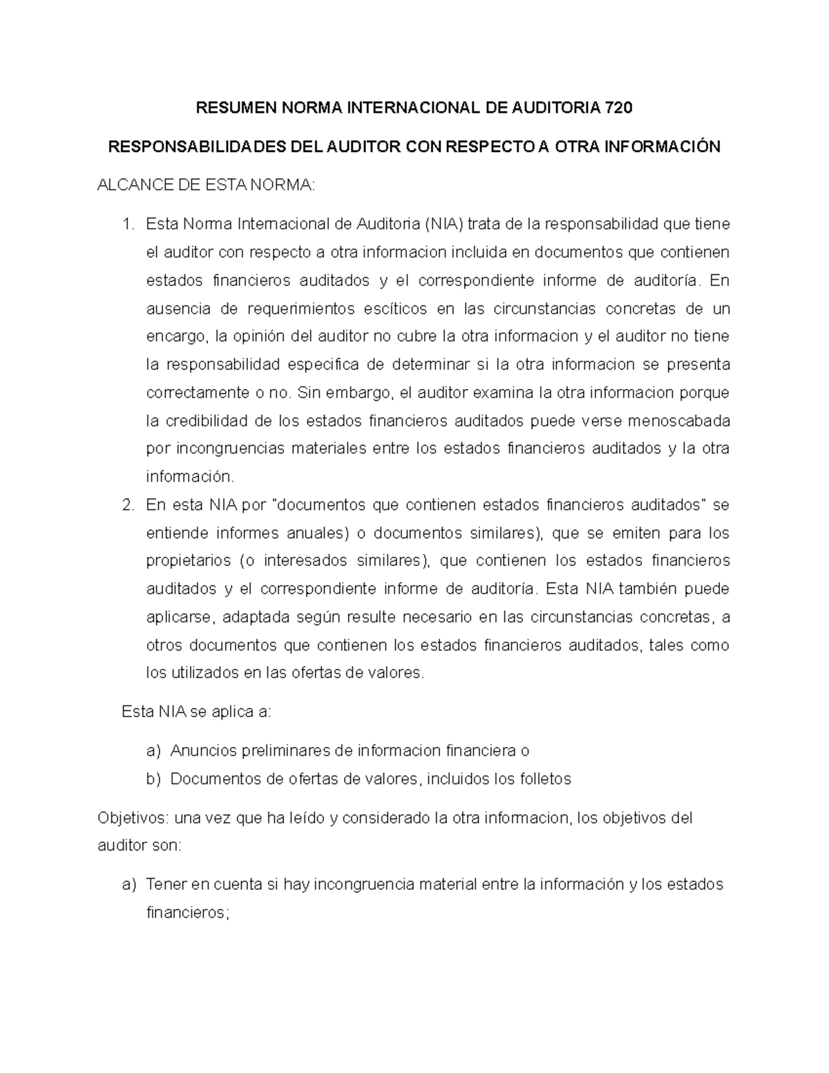 NIA 720 - Resumen NIA 720 - RESUMEN NORMA INTERNACIONAL DE AUDITORIA ...