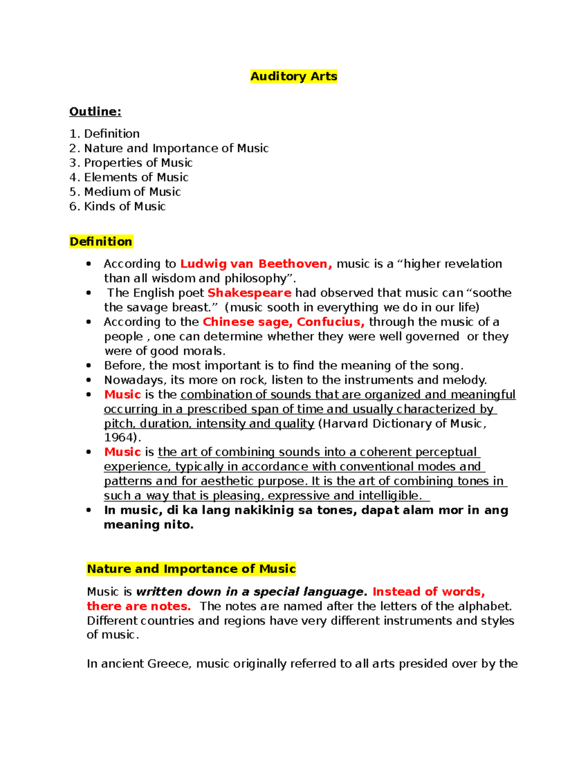 Art Appreciation - Auditory Arts Outline: Definition Nature and ...