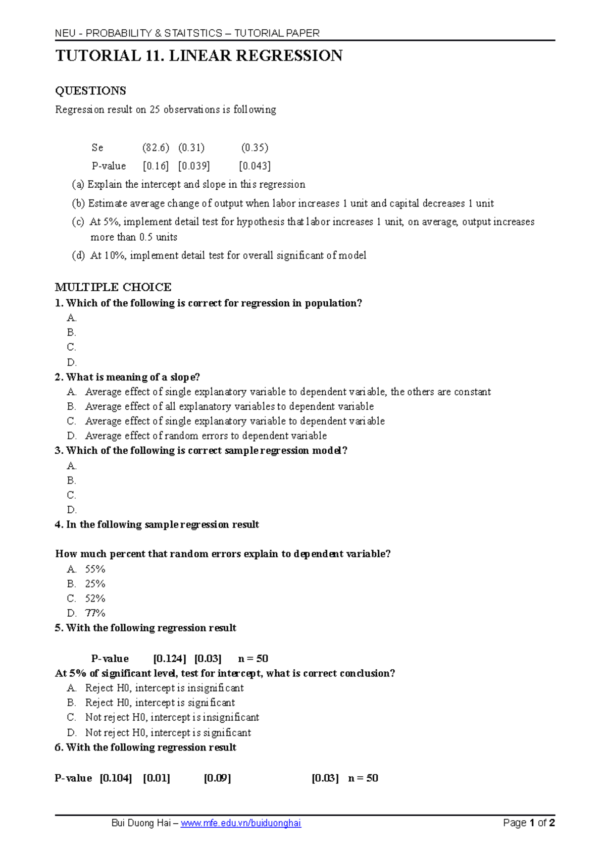 Prob Stat Tutor 11 - answer - NEU - PROBABILITY & STAITSTICS – TUTORIAL PAPER TUTORIAL 11. - Studocu