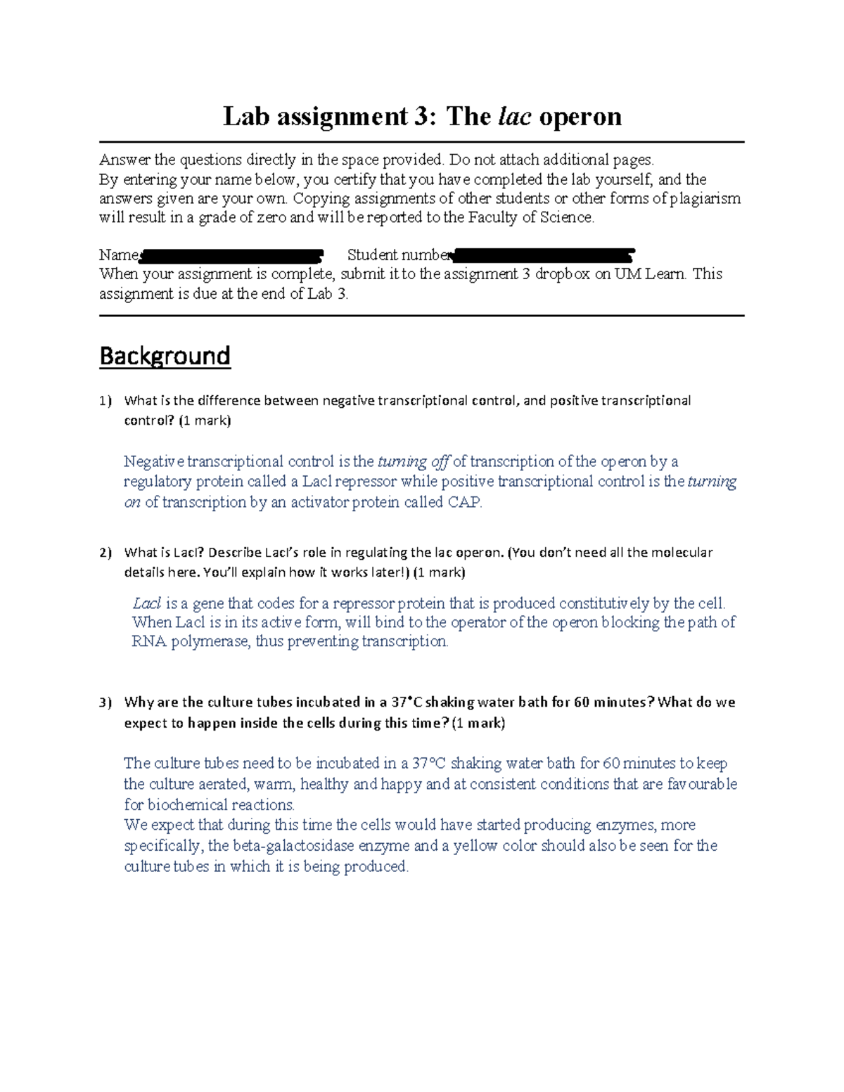 Mbio 2020 Lab assignment 3 - Lab assignment 3: The lac operon Answer the questions directly in ...