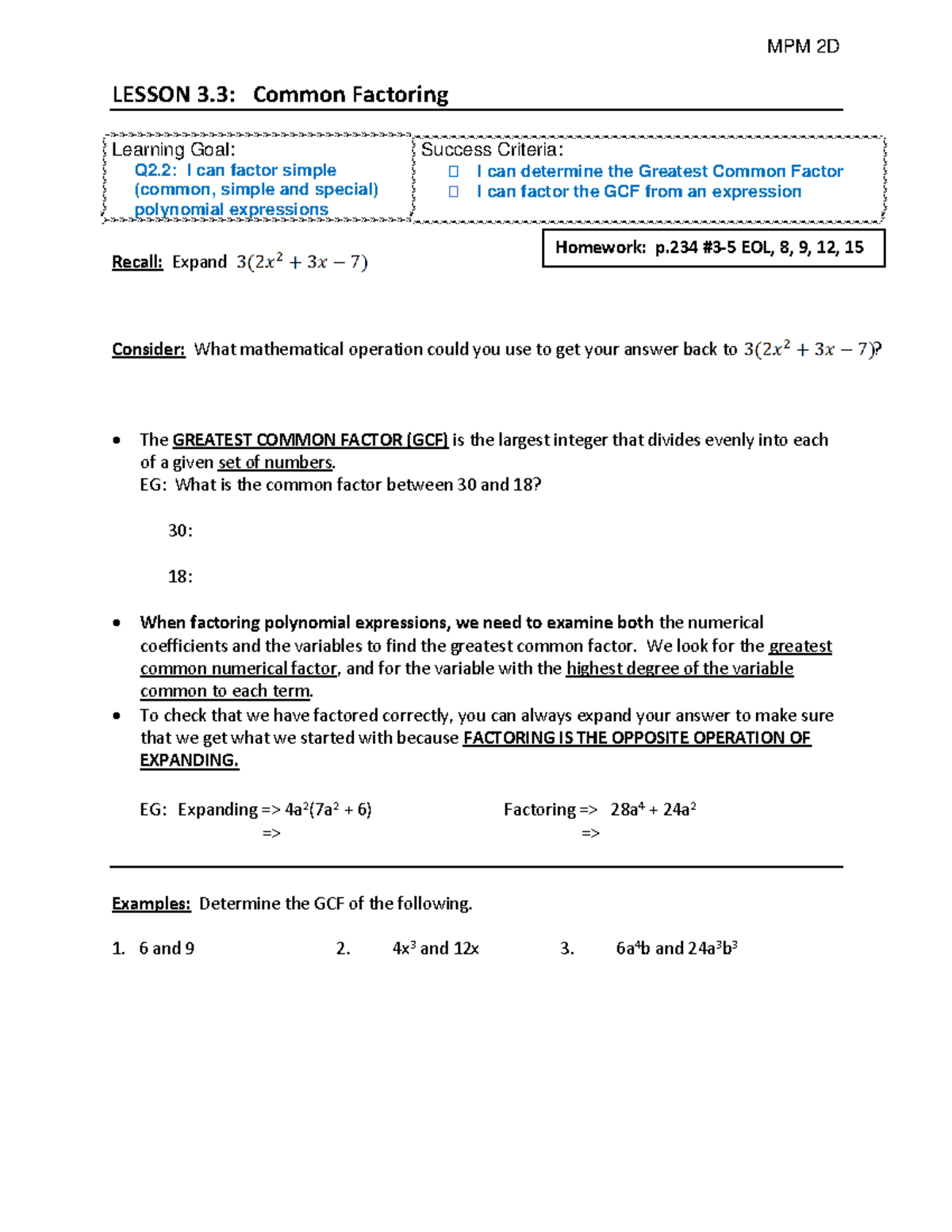 3.3 Common Factoring - MPM 2D Homework: p #3-5 EOL, 8, 9, 12, 15 LESSON ...