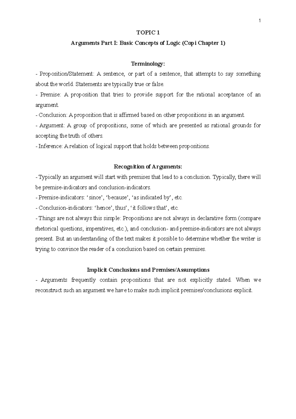 Logic notes english - TOPIC 1 Arguments Part I: Basic Concepts of Logic ...