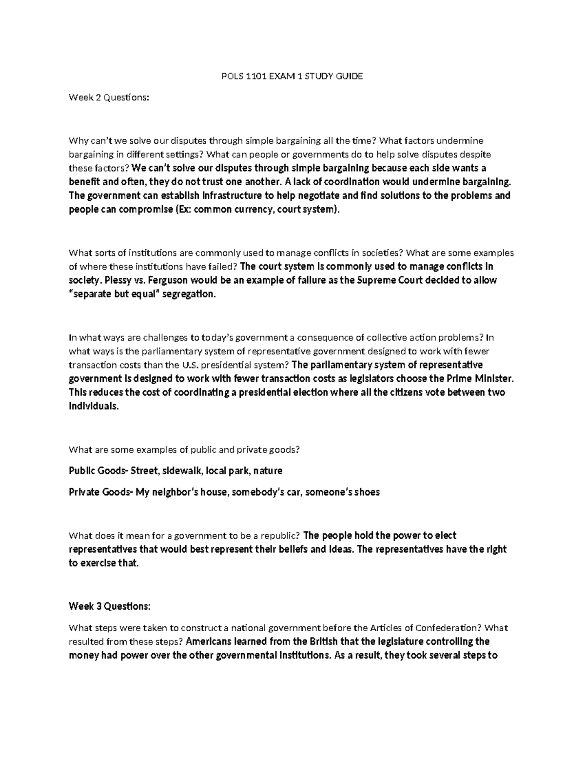EXAM 1 Study Guide GOV - POLS 1101 EXAM 1 STUDY GUIDE Week 2 Questions ...