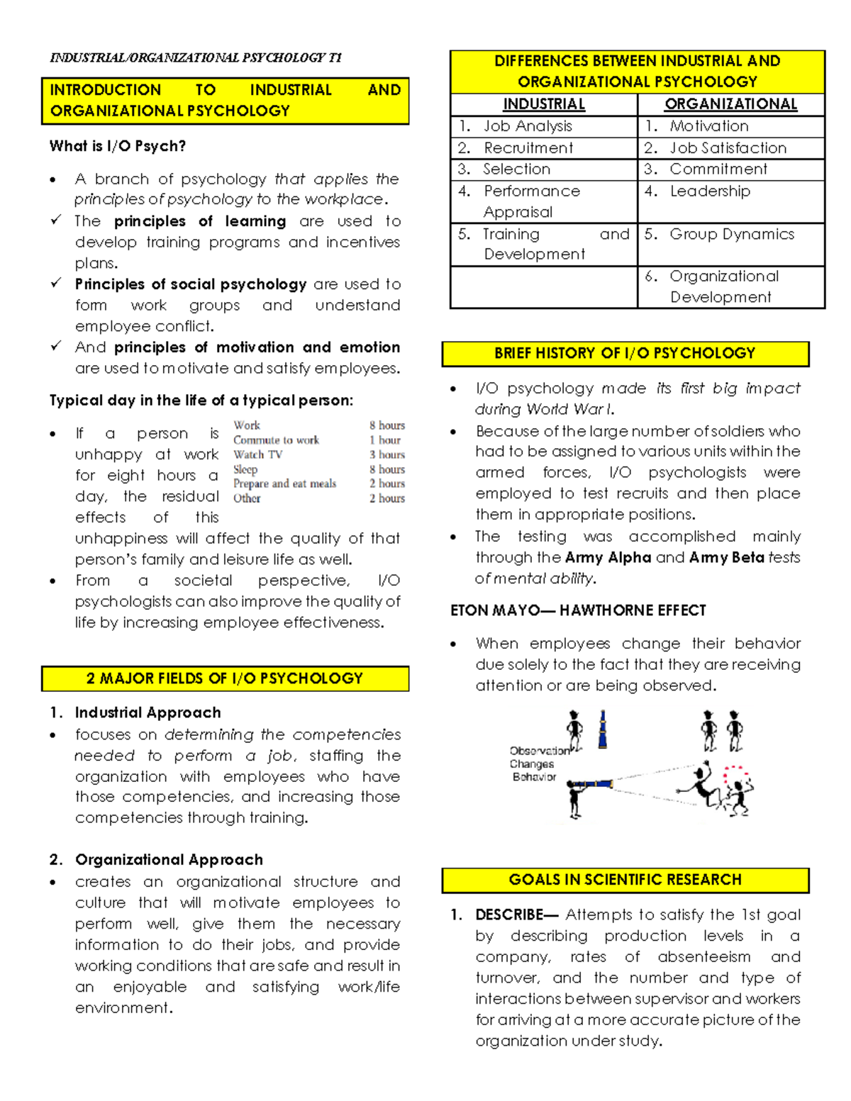 IOP T1 - Notes - INDUSTRIAL/ORGANIZATIONAL PSYCHOLOGY T INTRODUCTION TO ...