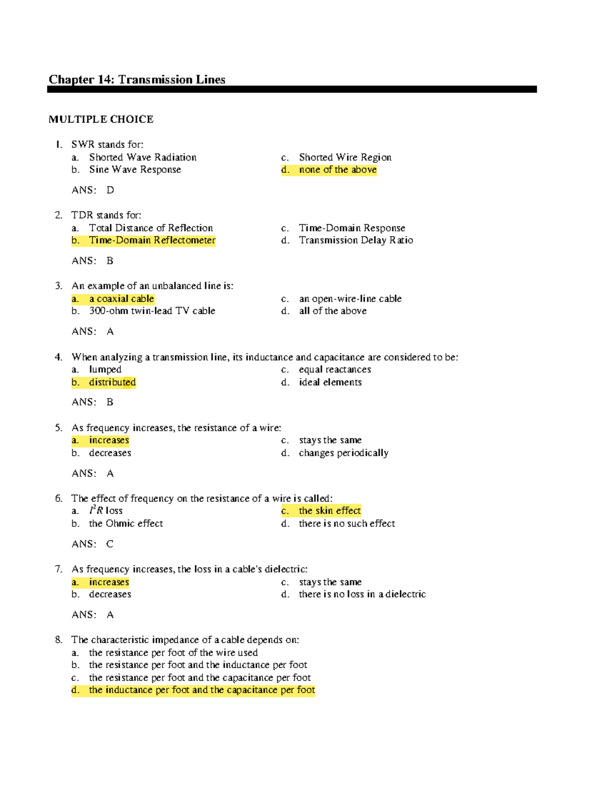 Blake reviewer - Chapter 14: Transmission Lines MULTIPLE CHOICE SWR ...
