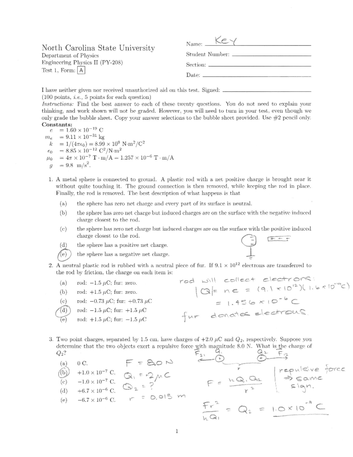 Test1-Solutions - physics 2 test 1 solutions - Name: Key North Carolina ...
