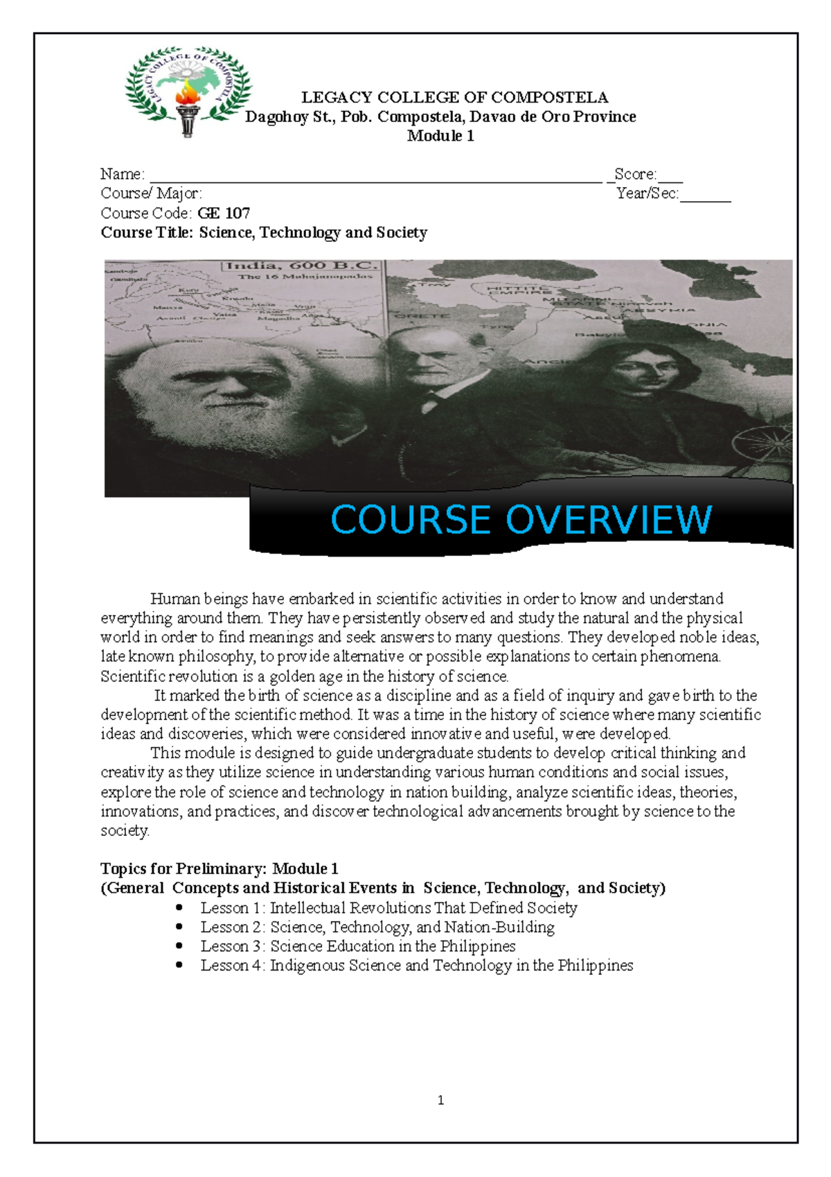 Module-1 - Module for Science, Technology and Society. - LEGACY COLLEGE ...