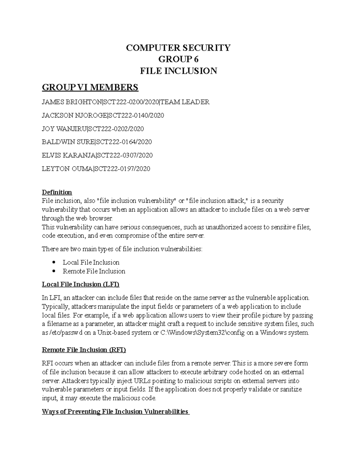 FILE Inclusion Theory 2 - COMPUTER SECURITY GROUP 6 FILE INCLUSION GROUP VI MEMBERS JAMES - Studocu