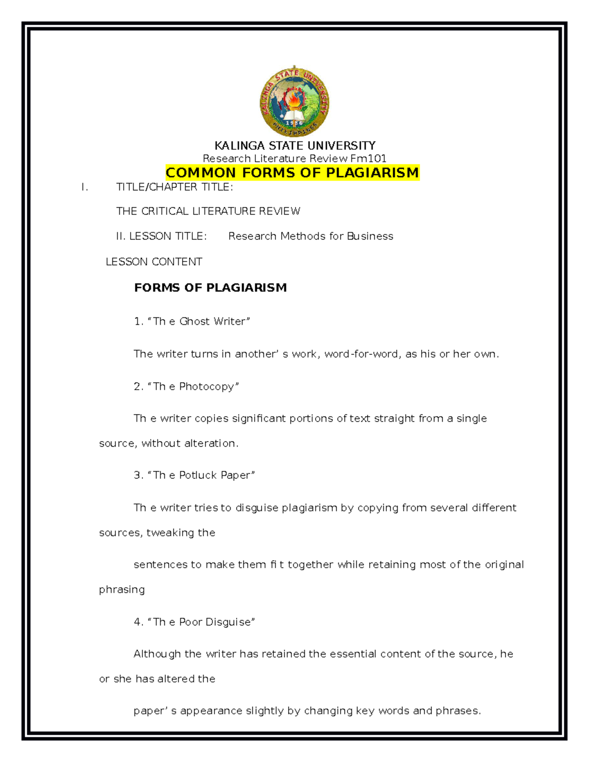 Common Forms OF Plagiarism - KALINGA STATE UNIVERSITY Research ...