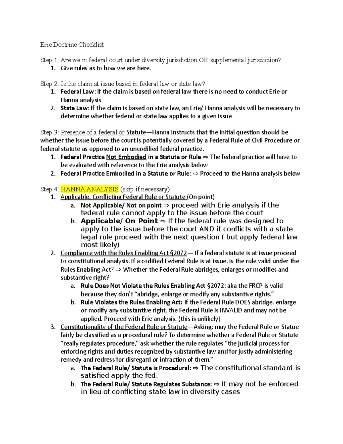 Erie Checklist for exam - Erie Doctrine Checklist Step 1: Are we in ...