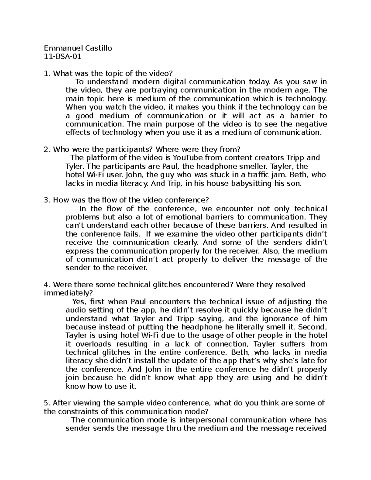 Reconnecting - Emmanuel Castillo 11-BSA- What was the topic of the ...