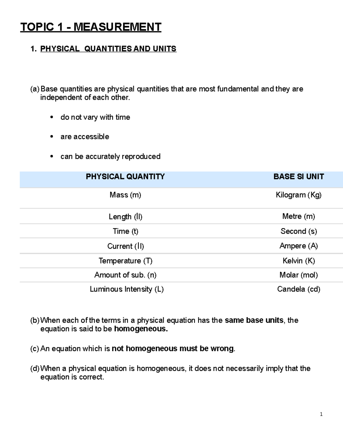 A Level Summary Notes FOR Crash Course IN Physics - TOPIC 1 MEASUREMENT ...