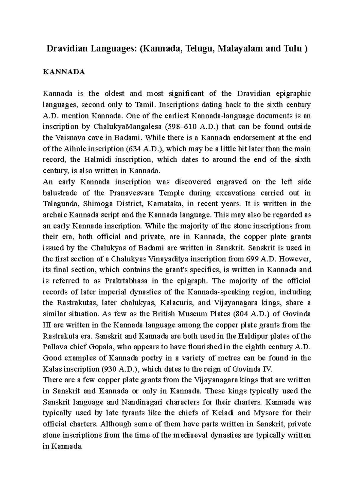 Dravidian Languages- (Kannada, Telugu, Malayalam and Tulu ...