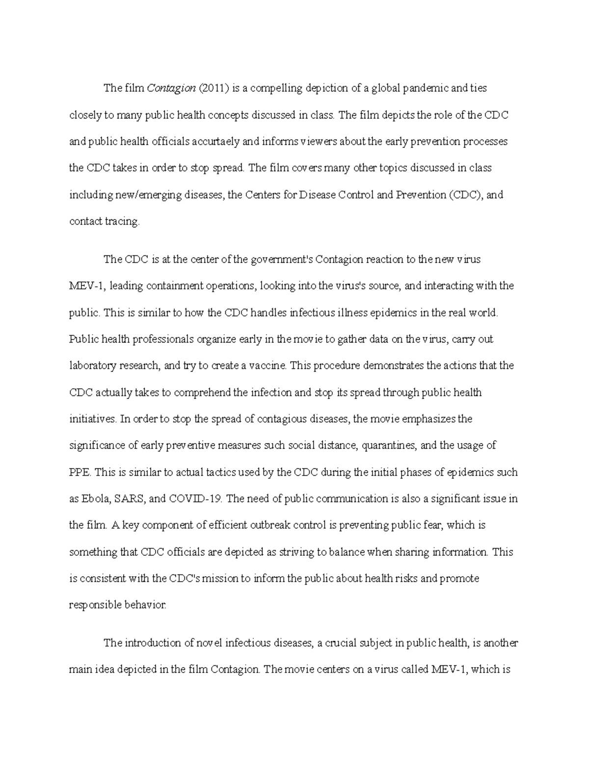 Contagion Assignment - Burne Prama - The film Contagion (2011) is a ...